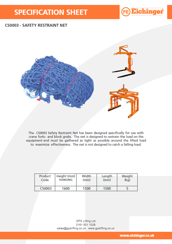 Eichinger Safety Restraint Net CS0003 for Crane Forks and Block Grabs ...